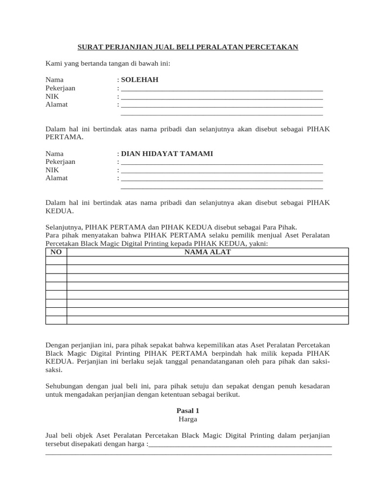 Surat Perjanjian Jual Beli 2 | PDF