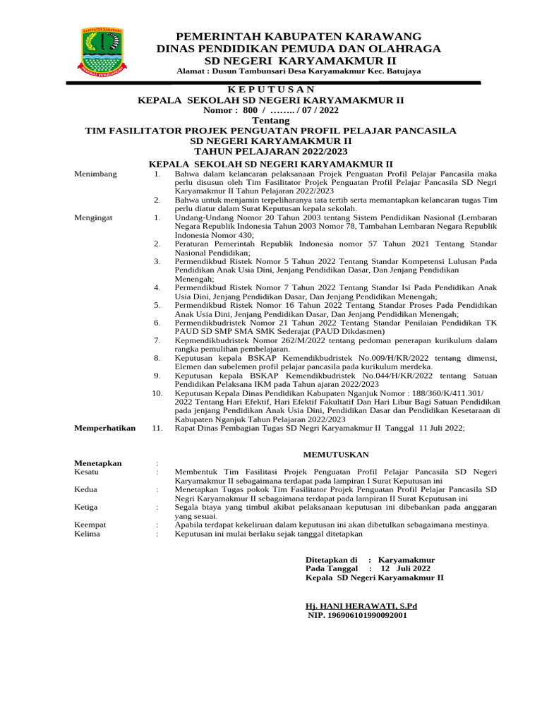 SK Tim fasilitator Projek penguatan P5 | PDF
