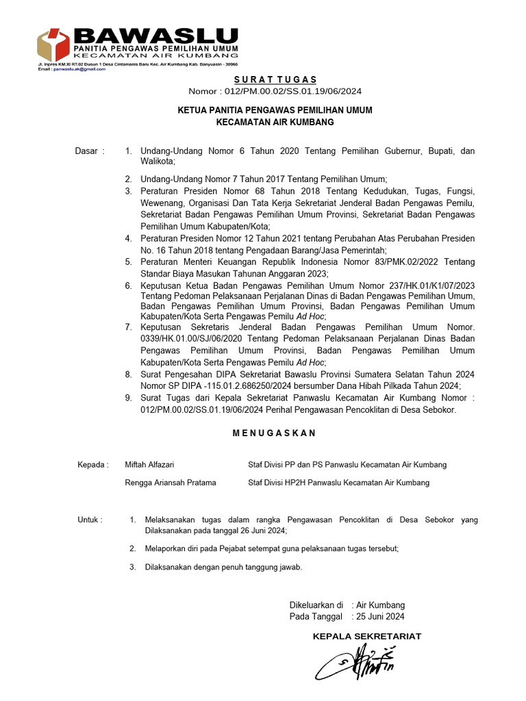 SURAT TUGAS Staf hp2h 6-7 Juli | PDF