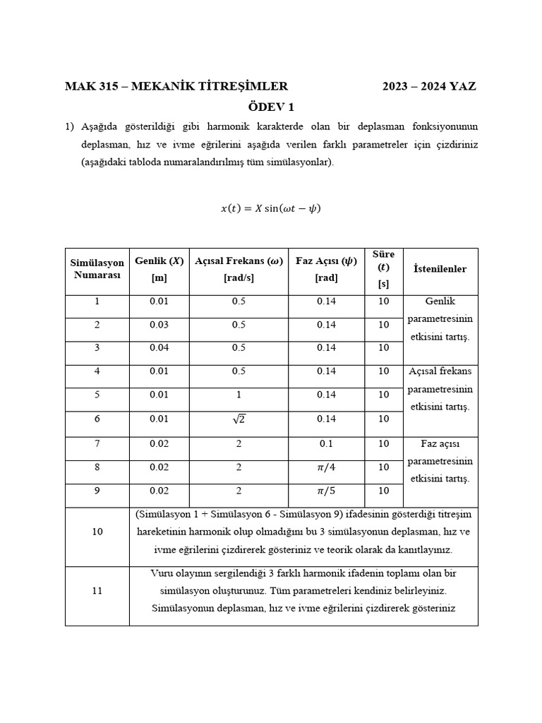 Mekanik Titreşimler Ödevi 2023-2024 | PDF | Teaching Methods & Materials