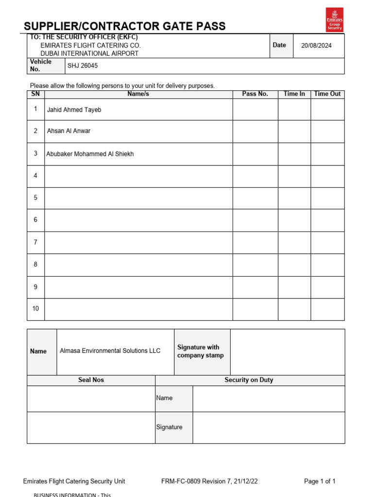 Date - 0809-Supplier Contractor Gate Pass-Rev7 | PDF