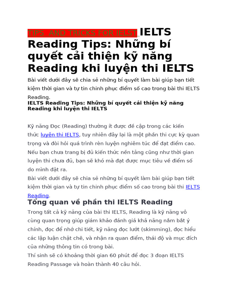 TIPS AND TRICKS FOR IELST IELTS Reading Tips | PDF