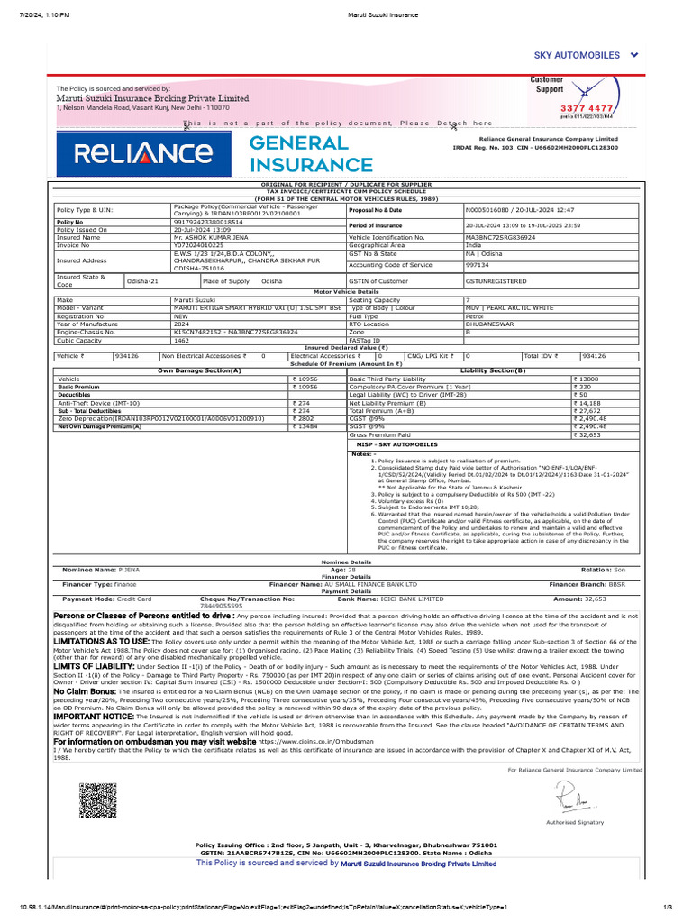 Maruti Suzuki Insurance Broking Private Limited: Sky Automobiles | PDF