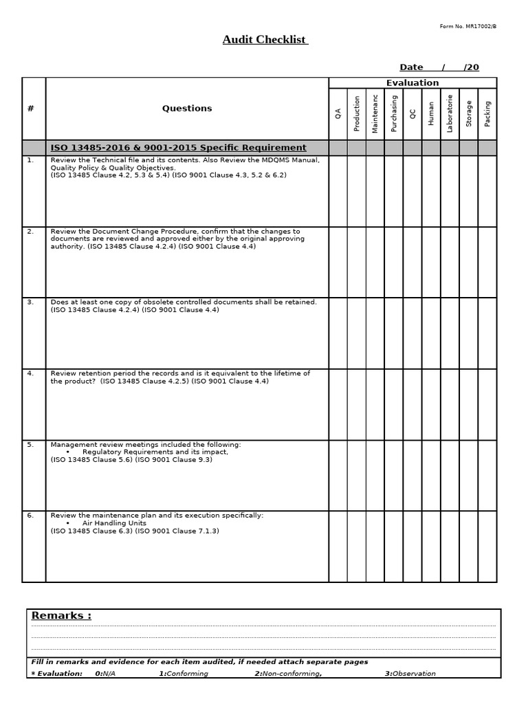 Audit Checklist For Iso 13485 Pdf