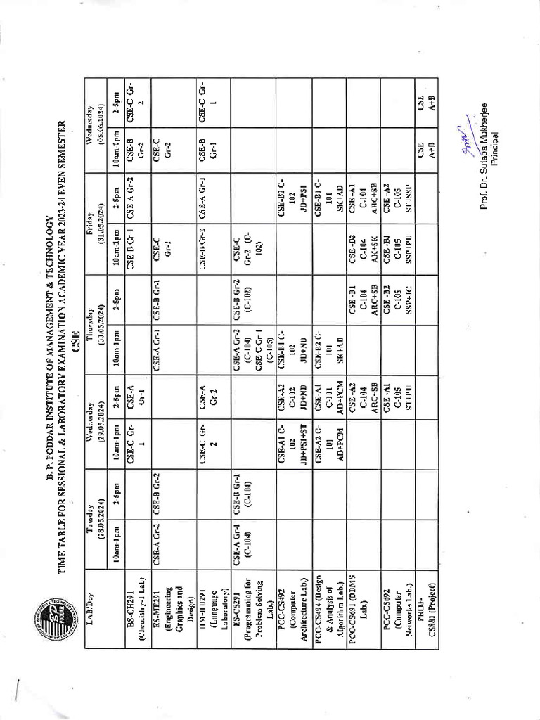 Time Table For Sessional and Laboratory Exam Even Sem 2023-24 | PDF