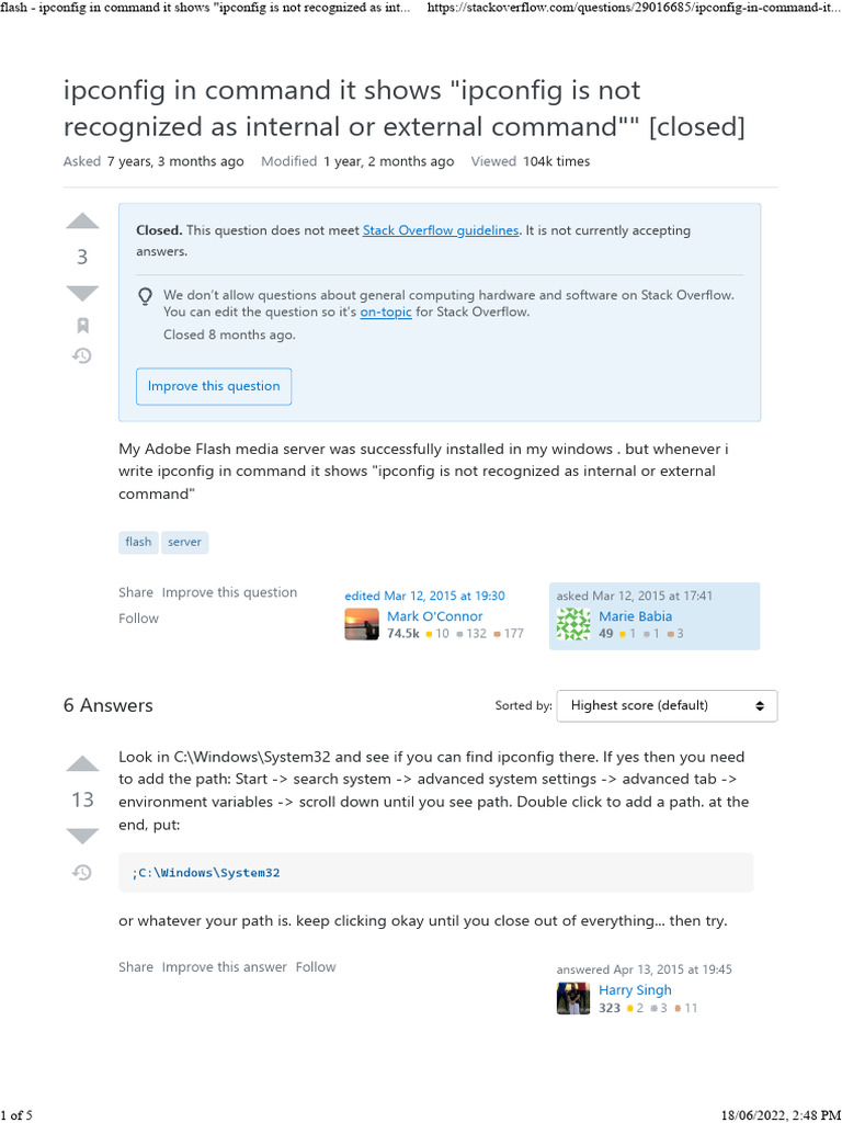 Flash - Ipconfig in Command It Shows 'Ipconfig Is Not Recognized As Internal or External Command ...
