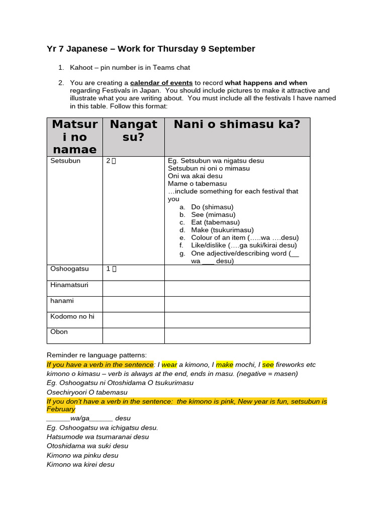 Work For Year 7 Japanese 9 September 2021 | PDF