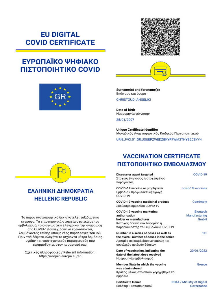 Eu Digital Covid Certificate Ευρωπαϊκο Ψηφιακο Πιστοποιητικο Covid | PDF
