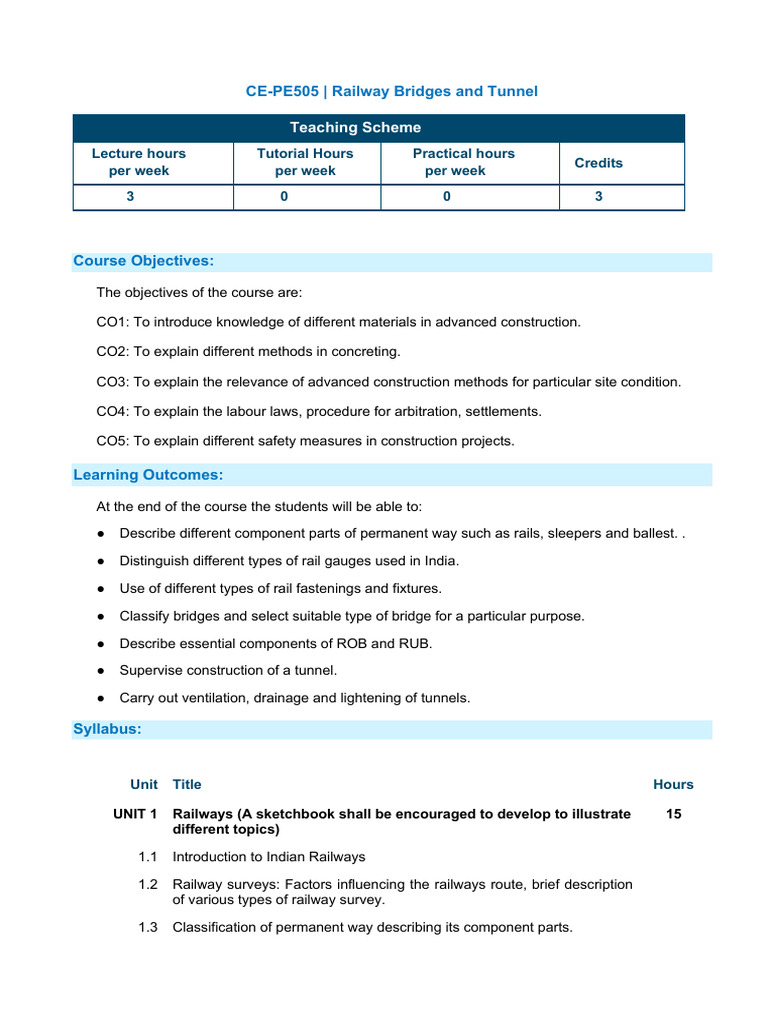 Railway Bridges and Tunnel (Syllabus) | PDF