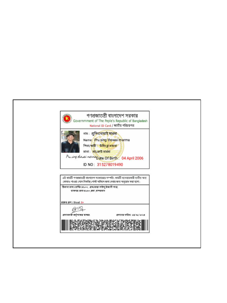 NID Card Details for Pru Sing Thowai Marma | PDF