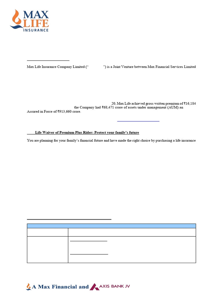 Max Life Waiver of Premium Plus Rider Prospectus | PDF