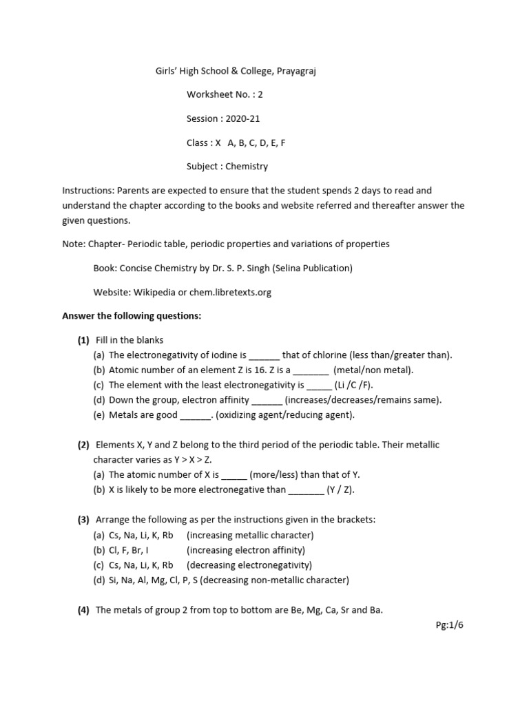 Chemistry Class 10 WS 2 | PDF