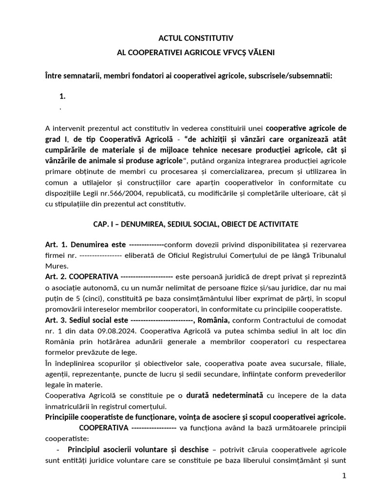 Act Constitutiv Cooperativei Agricola | PDF
