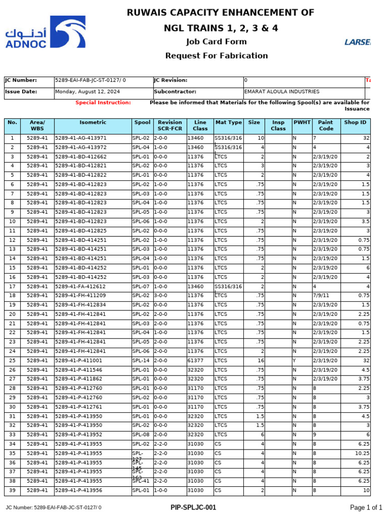 5289 Eai Fab JC ST 0127 Spool List | PDF