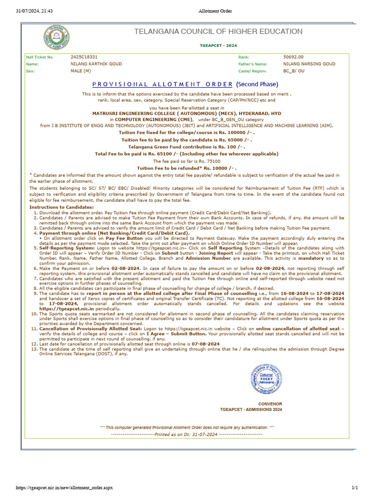 Allotment Order MATRUSRI | PDF
