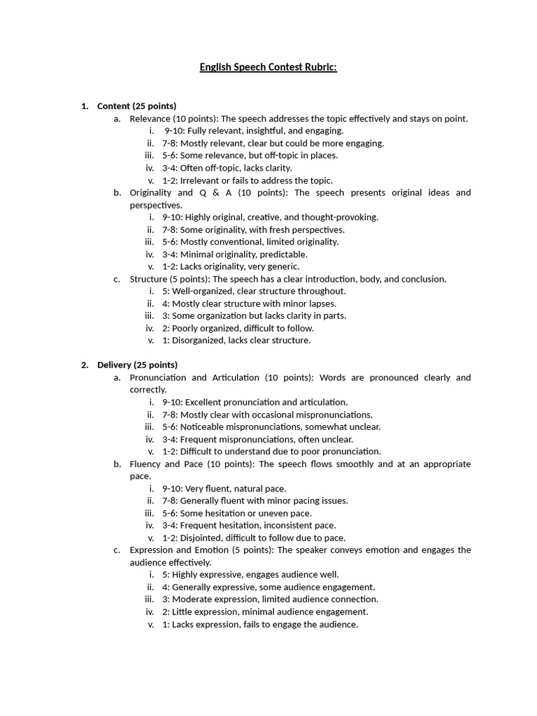 English Speech Contest Rubric | PDF