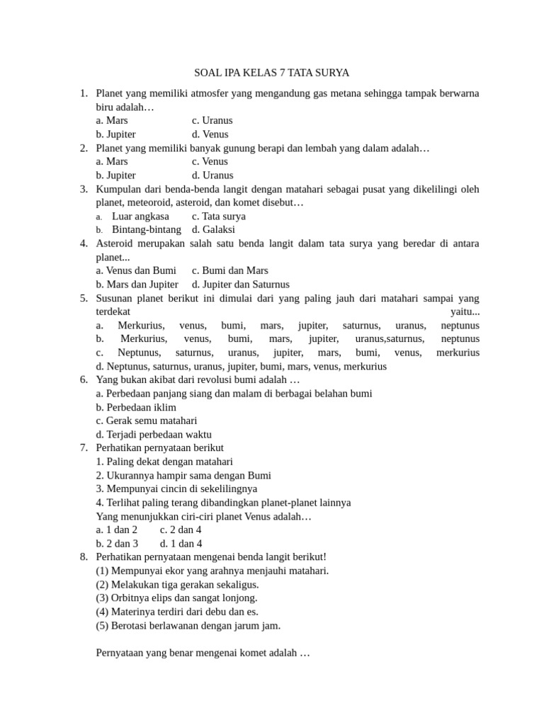 Soal Ipa Kelas 7 Tata Surya | PDF