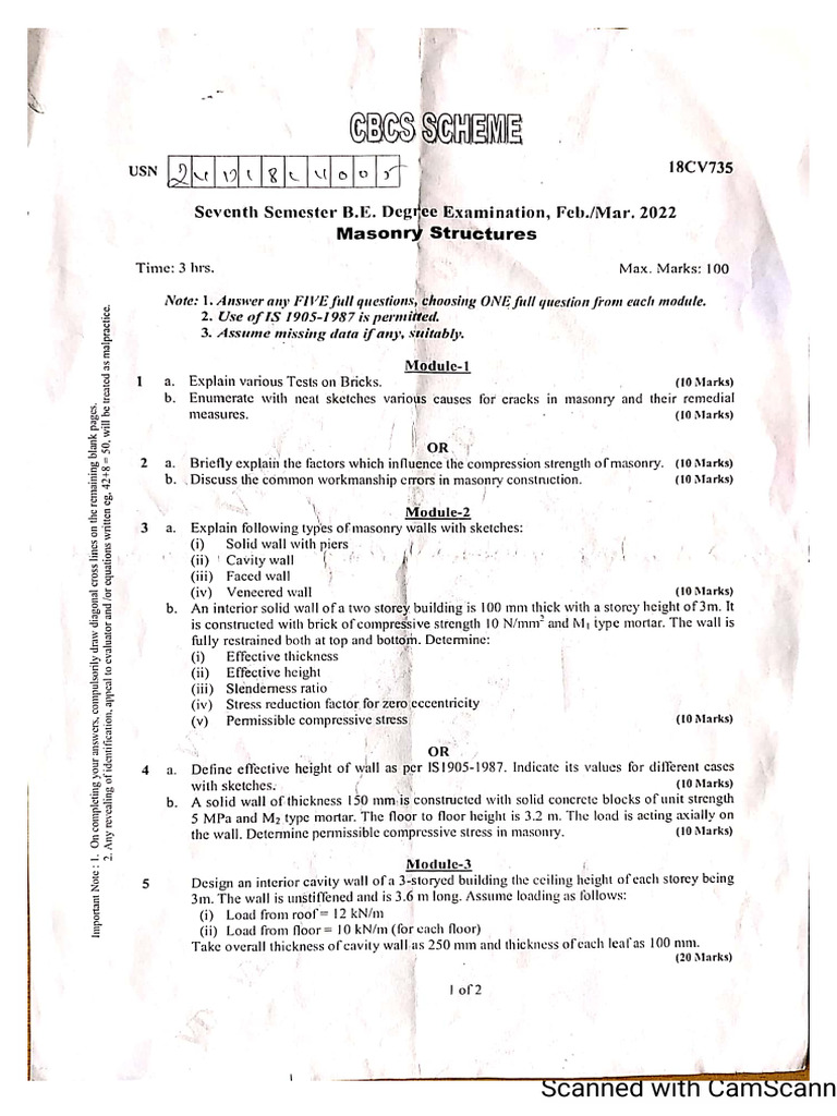 Masonry Structures (18CV735) | PDF