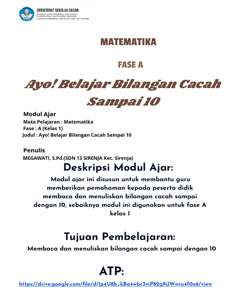 Modul Ajar Matematika - Ayo! Belajar Bilangan Cacah Sampai 10 - Fase A-1 | PDF