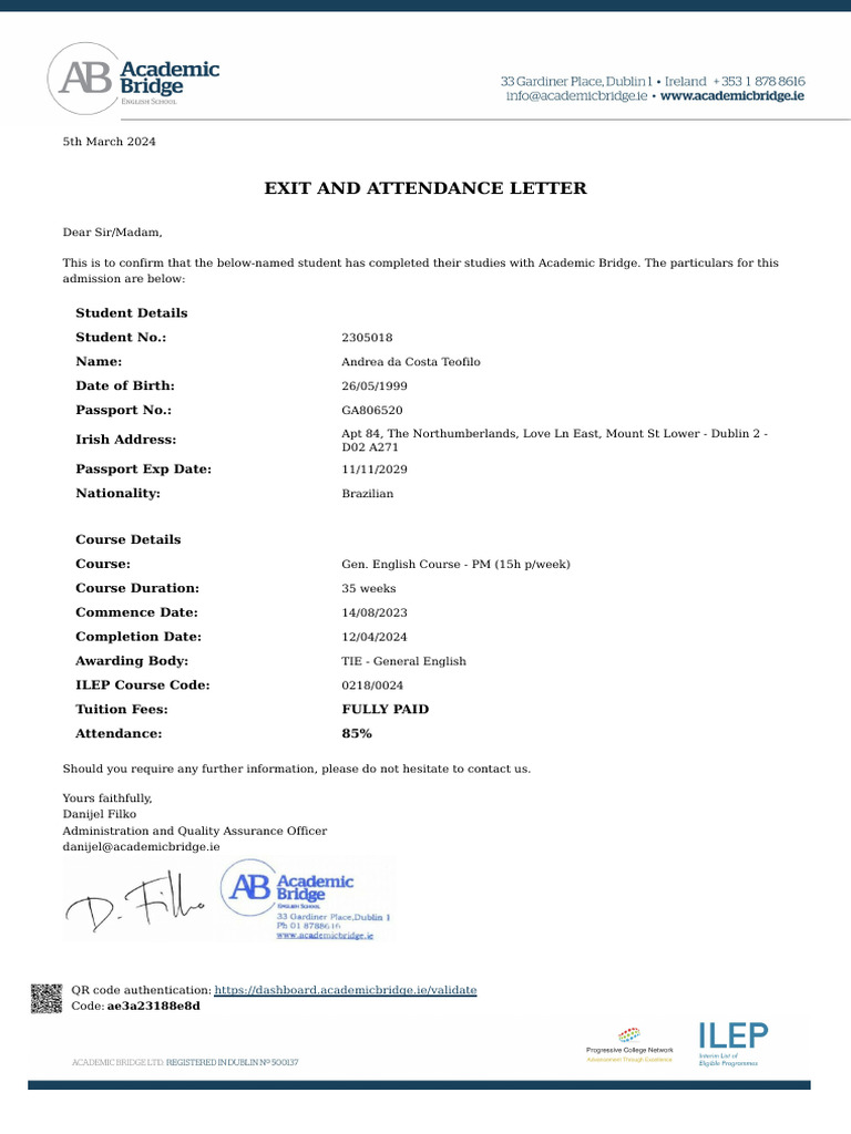Exit and Attendance Letter | PDF