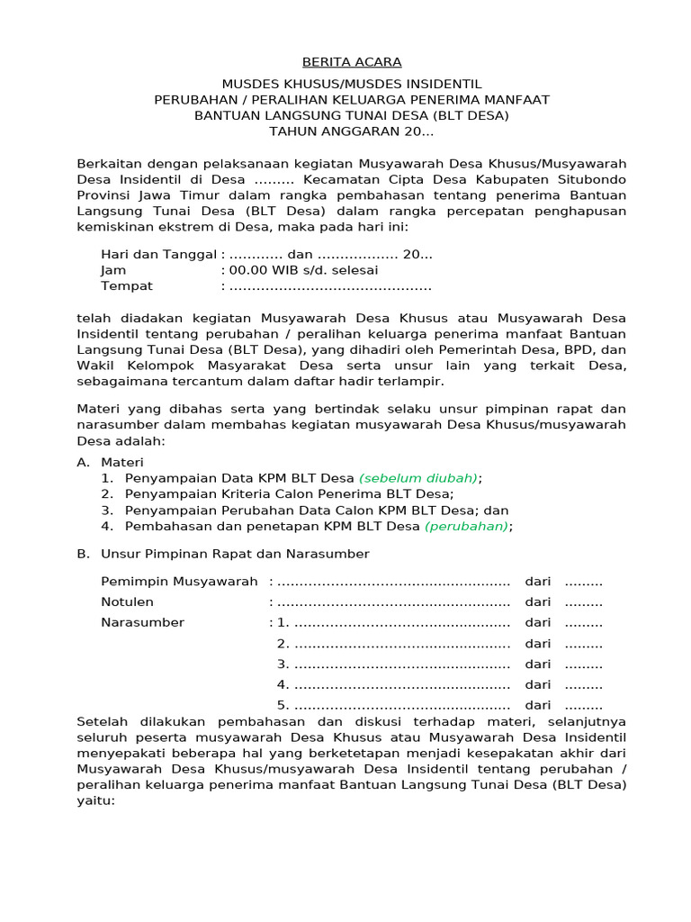 BA. Musdes Perubahan BLT Desa | PDF