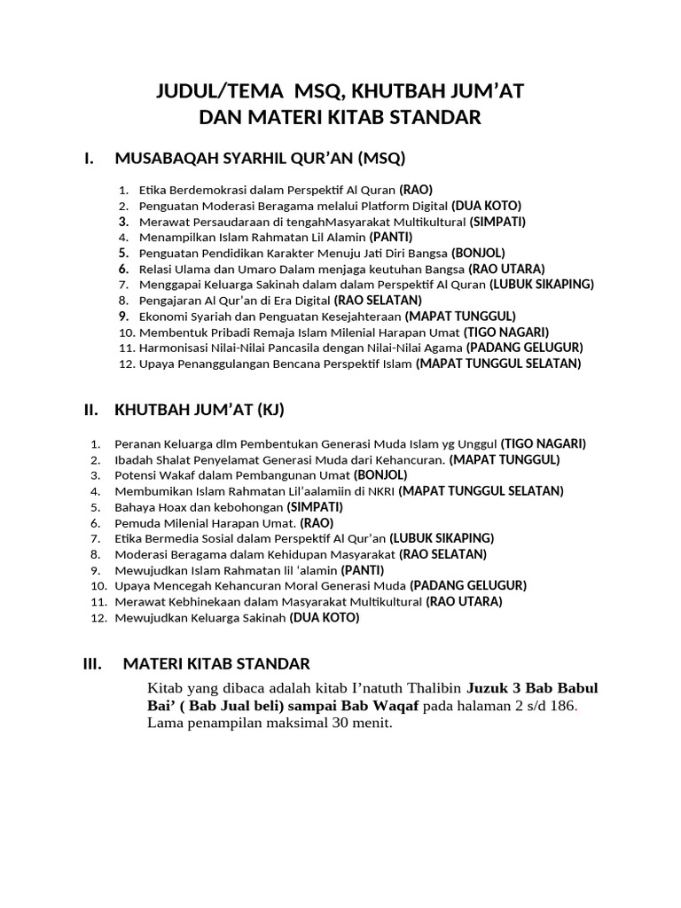 Judul Dan Materi Lomba MSQ KJ Ks | PDF