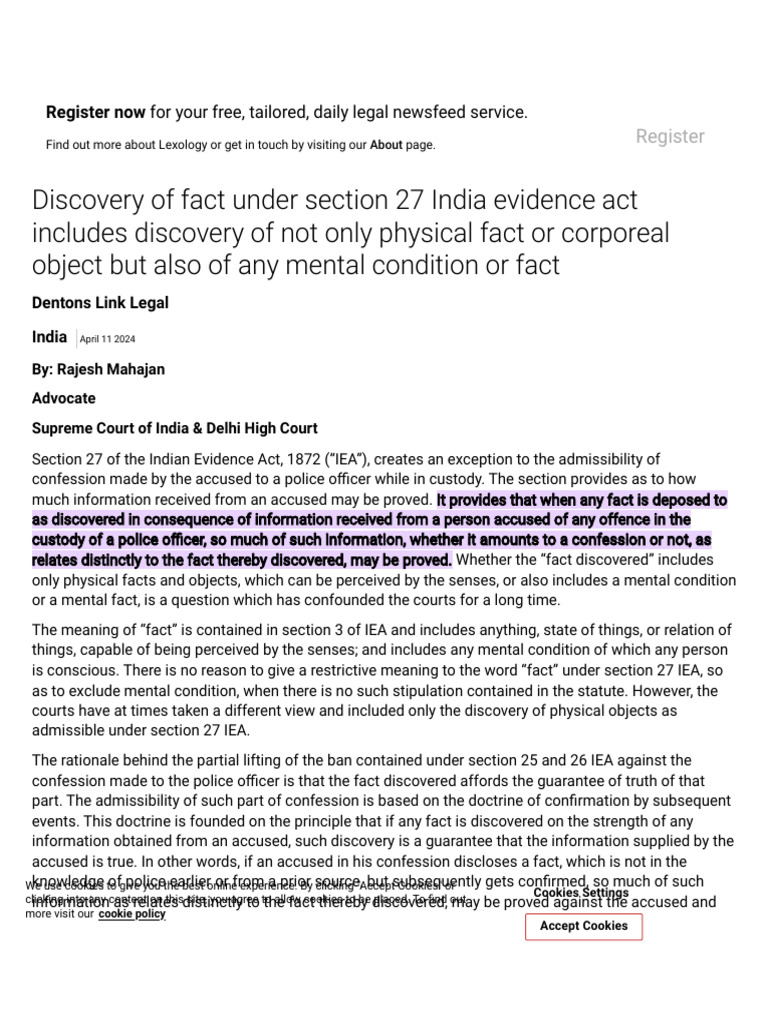 Discovery of Fact Under Section 27 India Evidence Act Includes ...