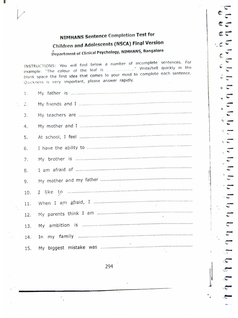 NIMHANS SCT Child and Adolescent | PDF