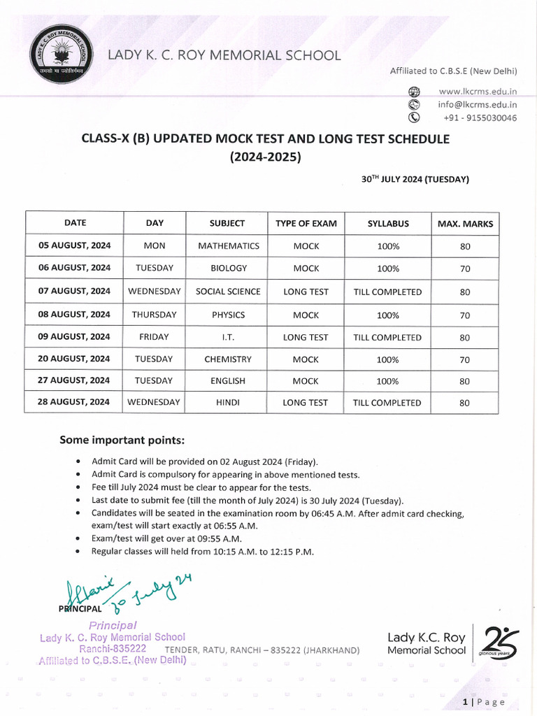 Class-X (B) Updated Mock Test and Long Test Schedule 2024-2025 | PDF