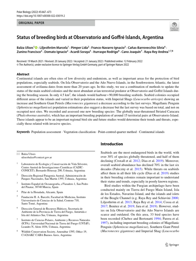 Status of Breeding Birds at Observatorio and Goffré Islands, Argentina ...