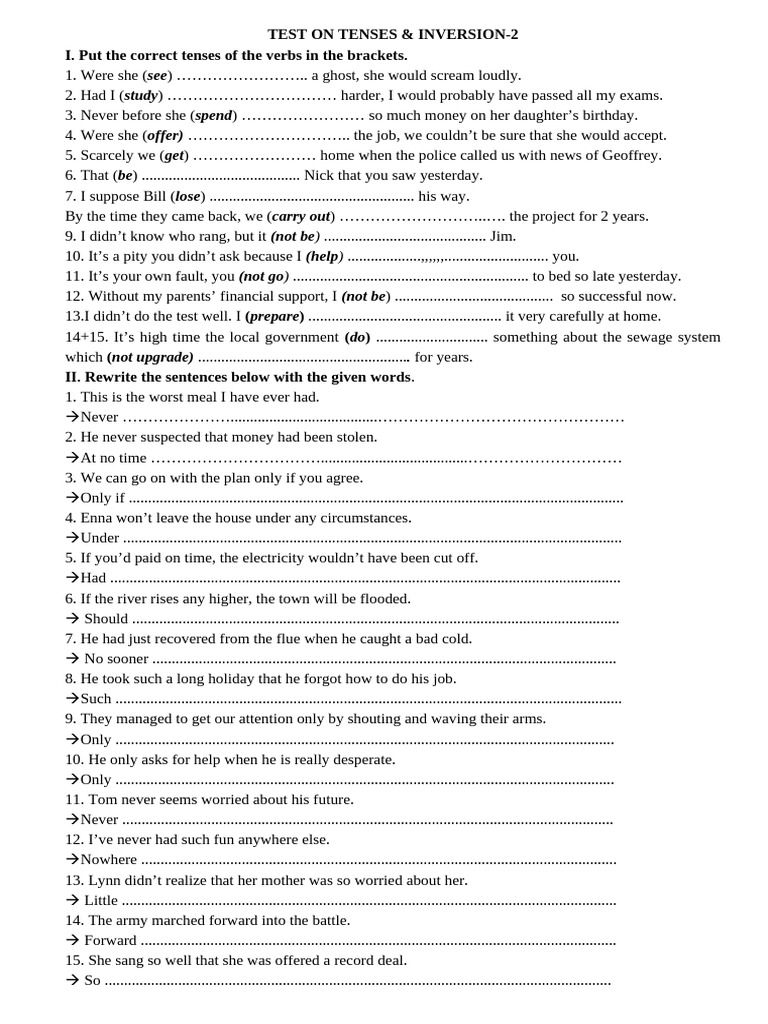 Test On Tenses & Inversion | PDF