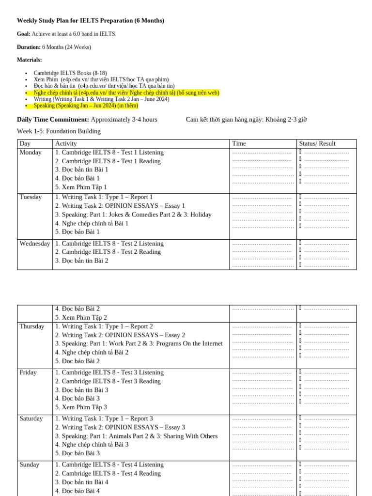 Weekly Study Plan for IELTS Preparation | PDF