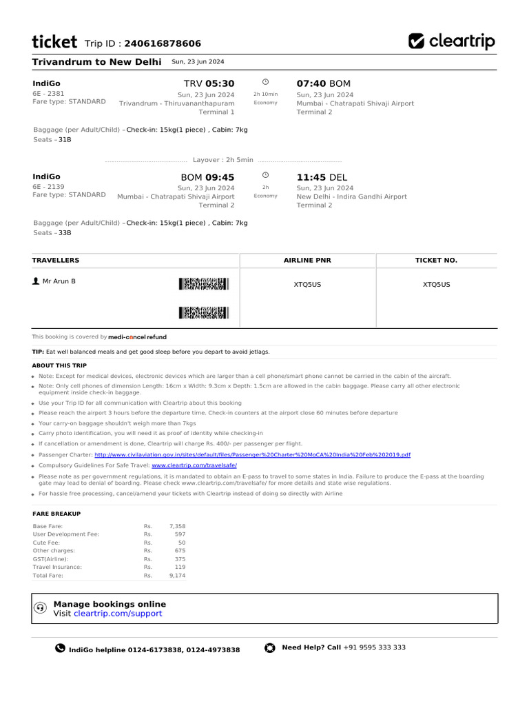 Cleartrip Flight Domestic E-Ticket | PDF
