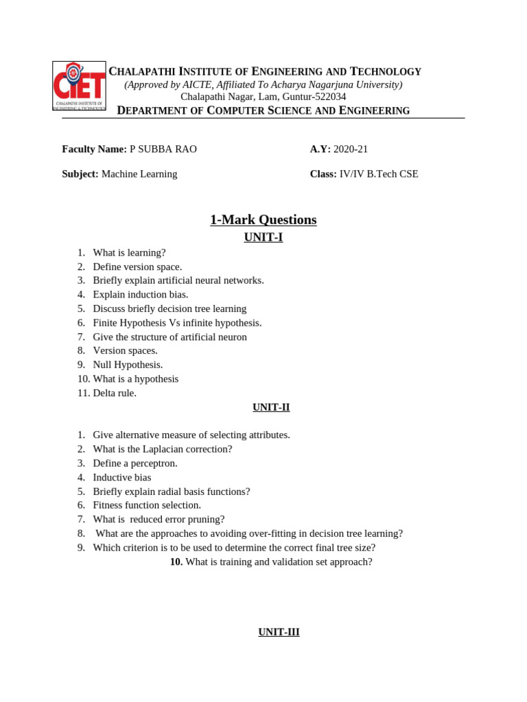 Machine Learning 1-Mark Questions Guide | PDF