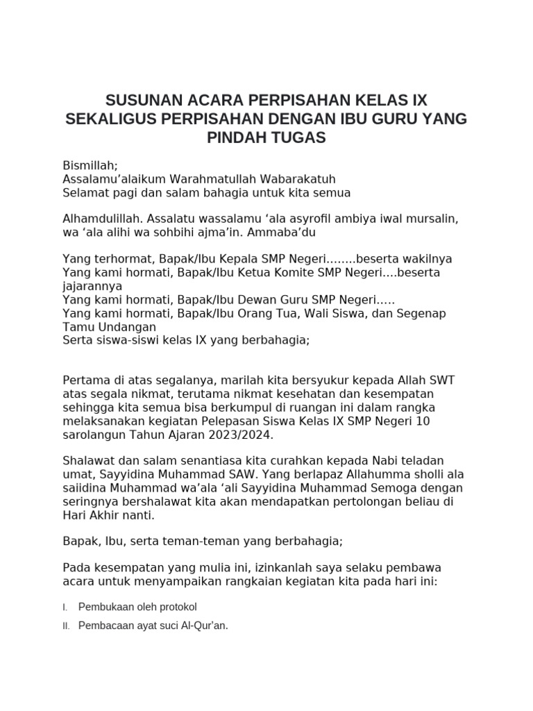 Susunan Acara Perpisahan Kelas Ix Sekaligus Perpisahan Dengan Bapak | PDF