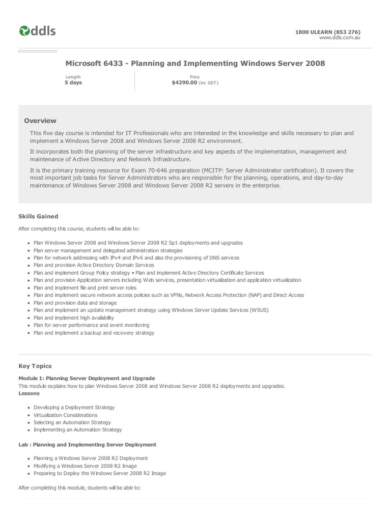 Microsoft 6433 Planning and Implementing Windows Server 2008 | PDF