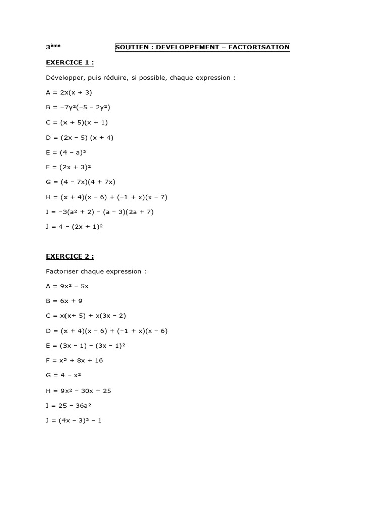 3ème Calcul Littéral Développement Et Factorisation | PDF