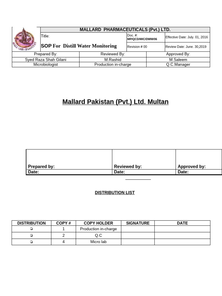 006 Sop Distilled Water Monitoring | PDF