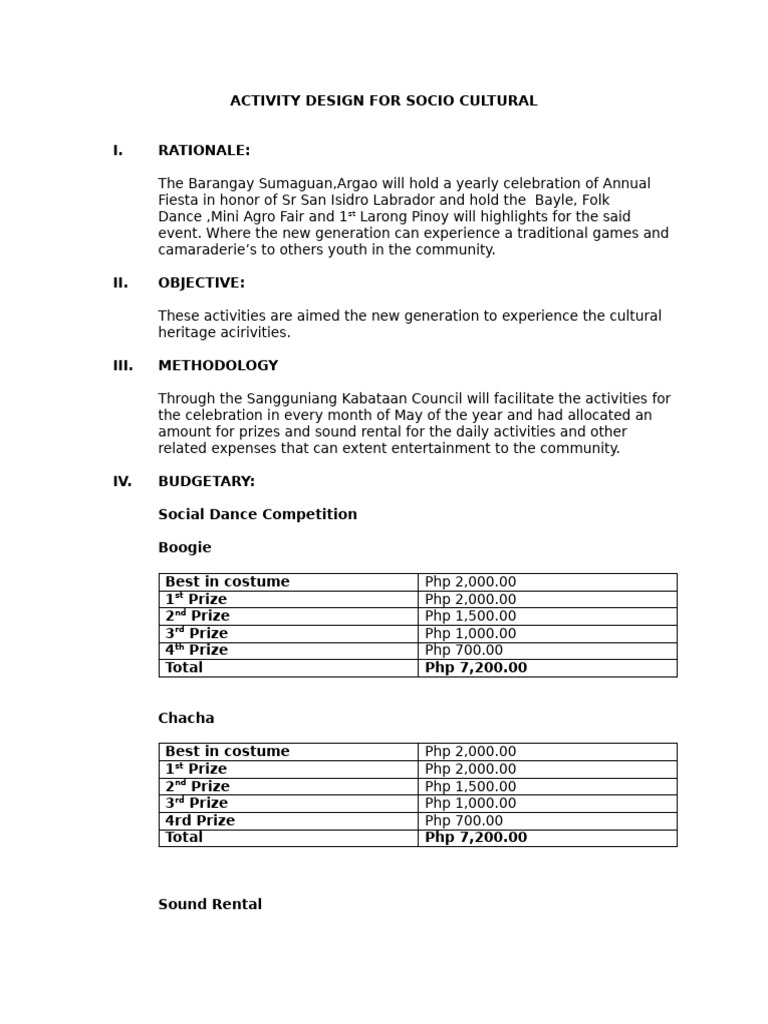 Activity Design For Socio Cultural | PDF
