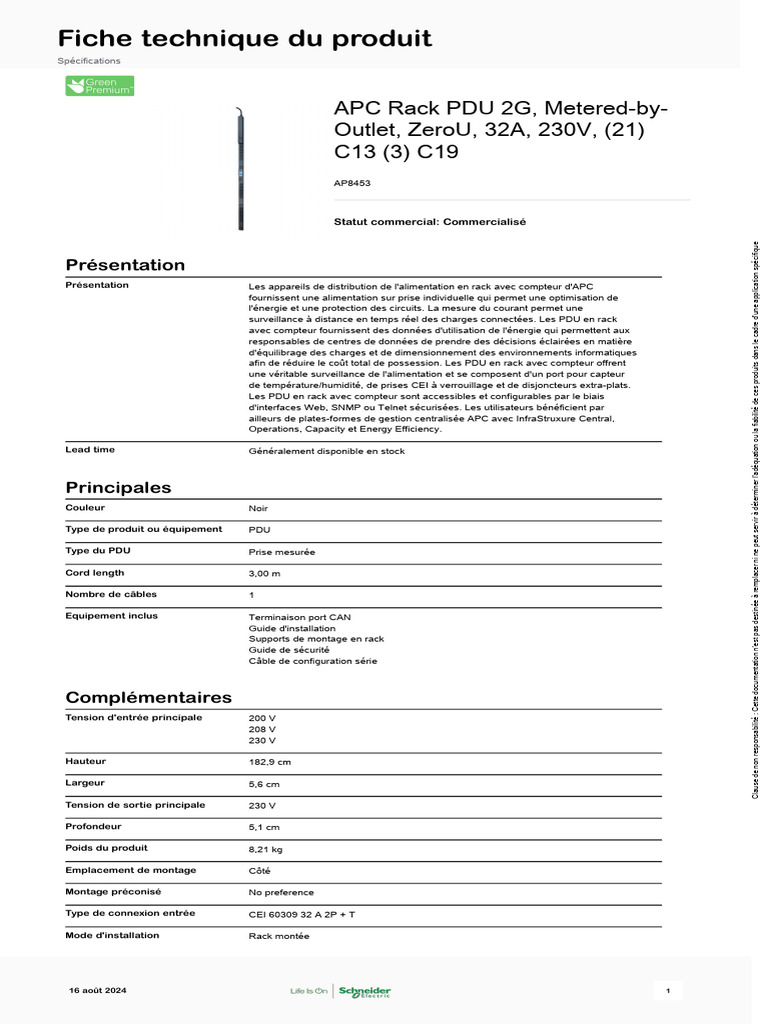 Schneider Electric - NetShelter-MeteredbyOutlet-Rack-PDUs - AP8453 | PDF