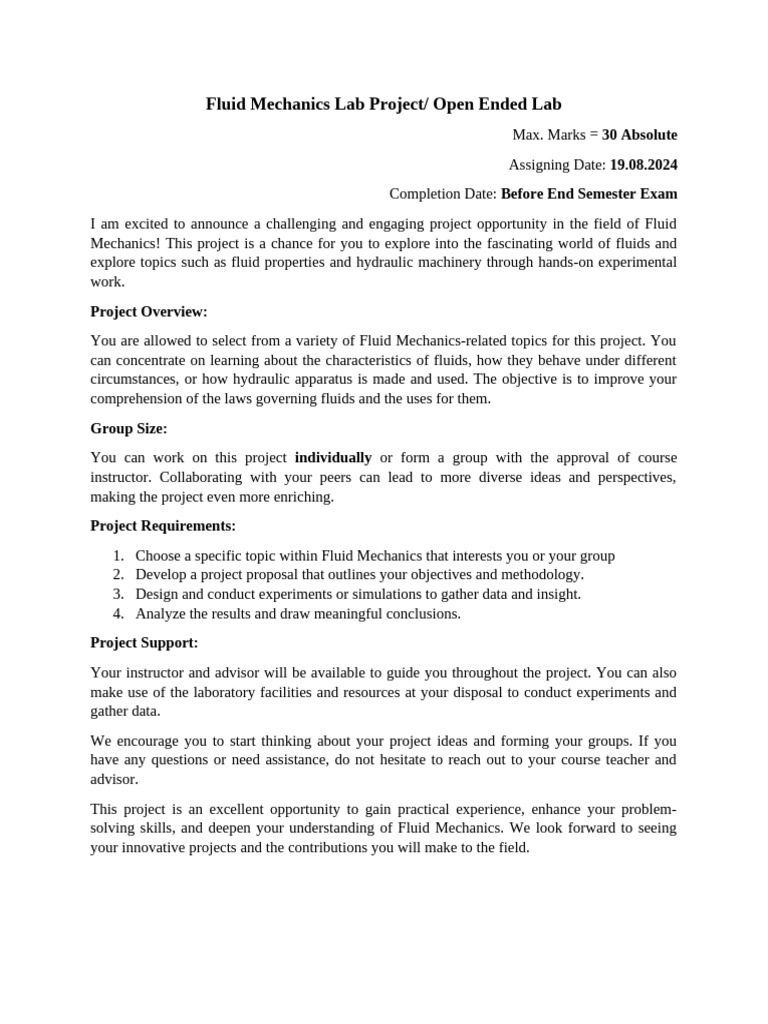 Fluid Mechanics Lab Project | PDF