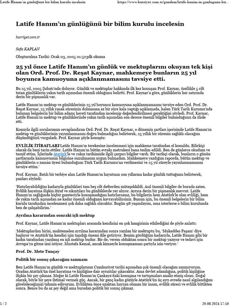 Latife Hanım'in Günlüğünü Bir Bilim Kurulu Incelesin - Son Dakika Haberler | PDF