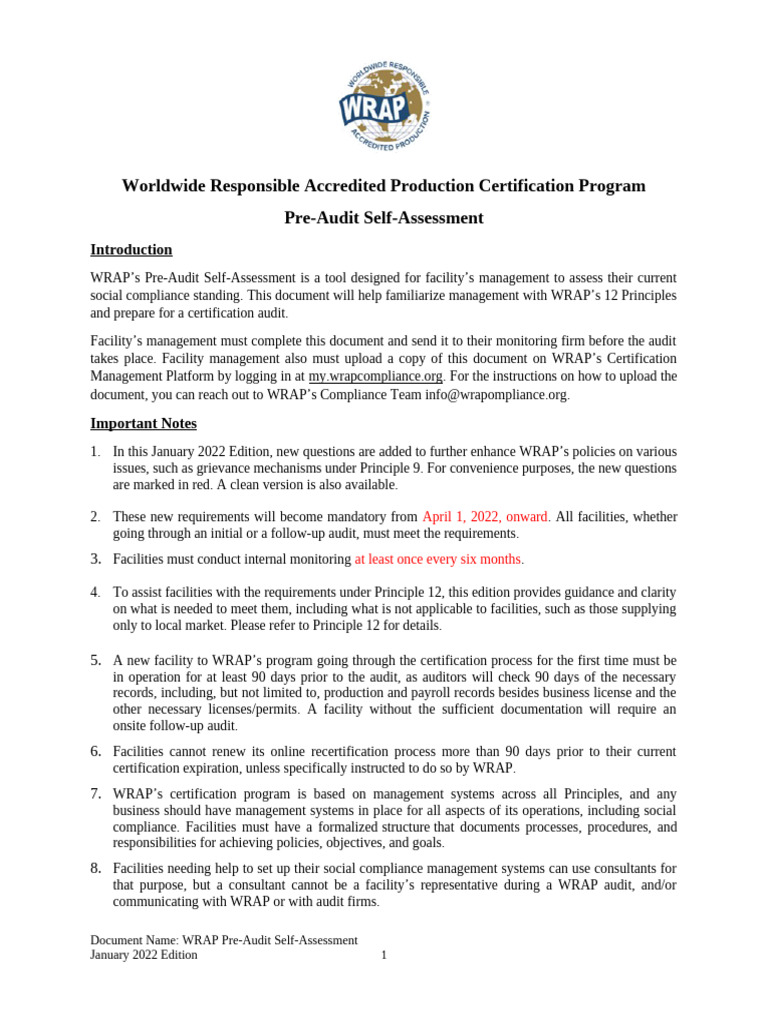 WRAP Pre-Audit Self-Assessment January 2022 | PDF
