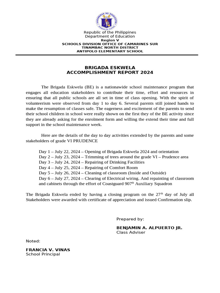 Narrative Report Brigada Eskwela 2024 | PDF