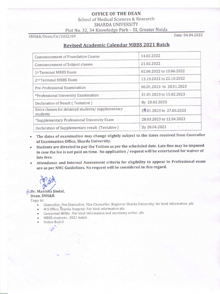 Academic Calender of MBBS Students Batch 2021 | PDF