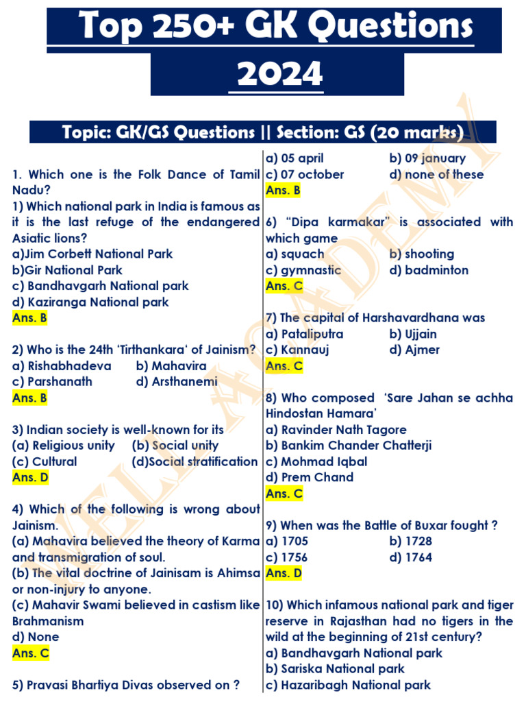 Top 250 GK GS Questions 2024 | PDF