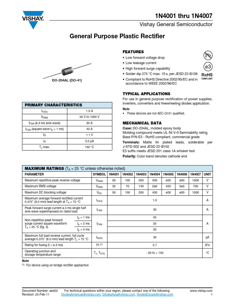 1N4001 4007 1A General Purpose Plastic Rectifier | PDF