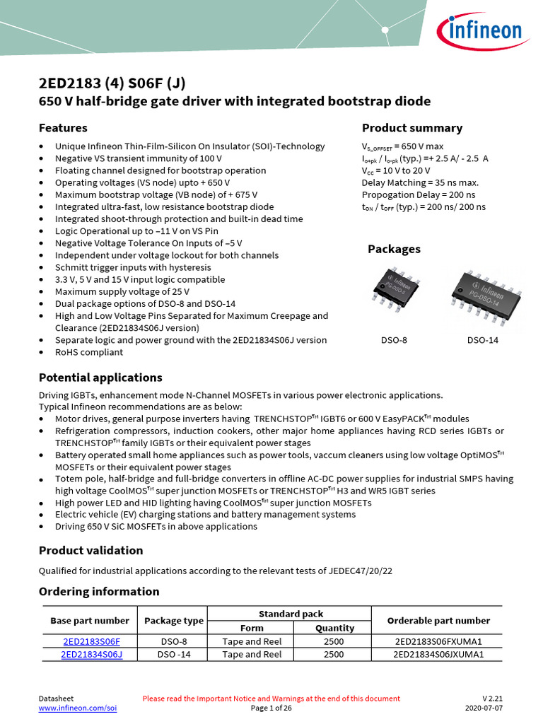 2ED2183S06F, J 650V Half Bridge Gate Driver With Integrated Bootstrap ...