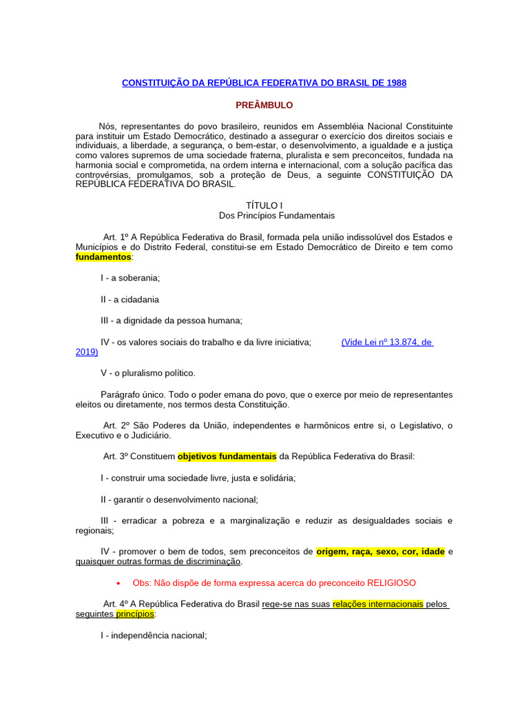 Constituição Da República Federativa Do Brasil de 1988 1 | PDF