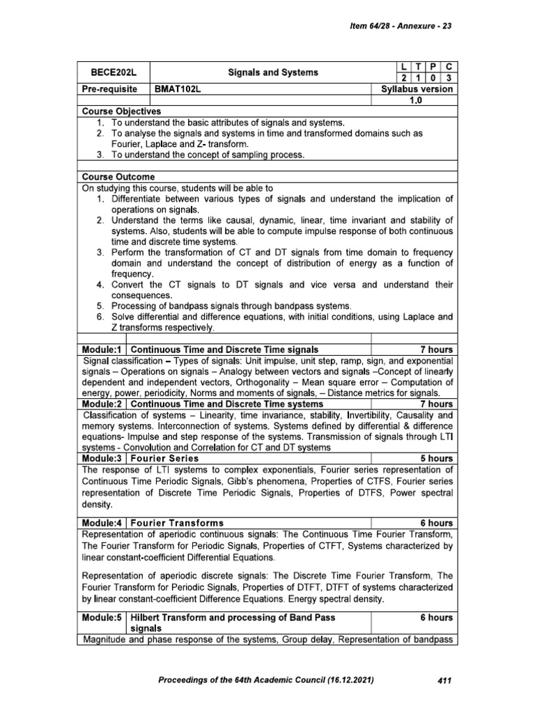 Bece202l Signals-And-systems TH 1.0 69 Bece202l 64 Acp | PDF